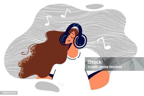 헤드폰을 쓴 여자는 재생 목록에서 편안한 클래식 음악을 듣고 회복하는 것을 즐긴다 팟캐스팅에 대한 스톡 벡터 아트 및 기타 이미지 팟캐스팅 듣기 오디오북 Istock