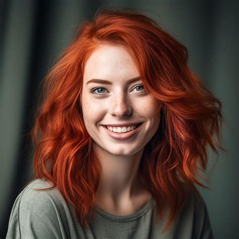 Premium AI Image Photo Closeup Portrait Of Curly Redhead Woman With Blue Eyes