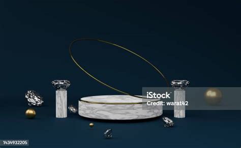 현대적인 무대 디스플레이 및 미니멀리스트 모형 추상 쇼케이스 배경 개념 3d 그림 또는 3d 렌더링을 위한 파란색 구성의 다이아몬드와 기하학적 모양으로 비어 있는 대리석