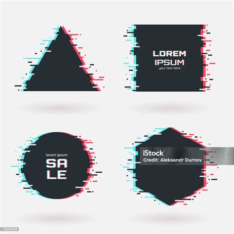 벡터 글리치 프레임 세트입니다 Tv 왜곡 효과가 있는 기하학적 모양입니다 원 삼각형 마름모 및 Vhs 글리치 텍스처가있는 사각형