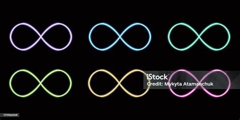 기하학적 무한대 기호 빛나는 바탕 화면 아이콘 네온 기하학적 무한대 스티커 네온 그림 빛나는 그림 네온 기하학적 그림 설정 0명에 대한 스톡 벡터 아트 및 기타 이미지