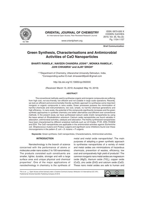 Pdf Green Synthesis Characterisations And Antimicrobial Activities Of Cao Nanoparticles