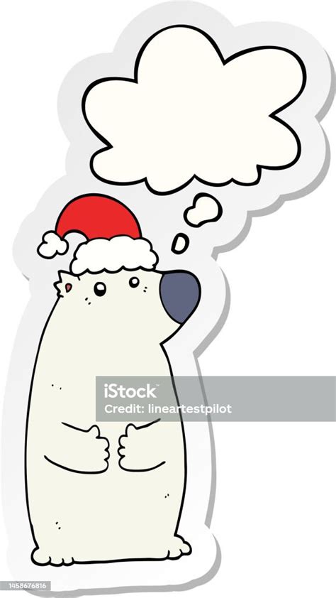 인쇄된 스티커로 생각 거품이 있는 크리스마스 모자를 쓰고 있는 만화 곰 곰에 대한 스톡 벡터 아트 및 기타 이미지 곰 귀여운 극지 기후 Istock