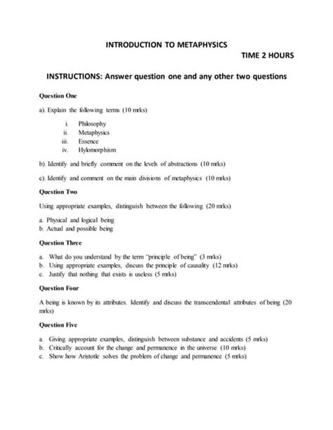 Metaphysics Exams Docx Education