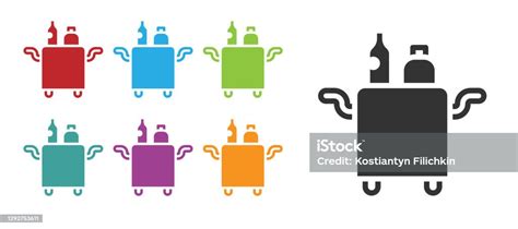 흰색 배경에 고립 된 음식과 음료 아이콘에 대한 검은 트롤리 다채로운 아이콘을 설정합니다 벡터 가공의 인물에 대한 스톡 벡터