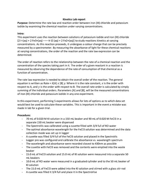 Kinetics Lab Report Template Kinetics Lab Report Purpose Determine The Rate Law And Reaction