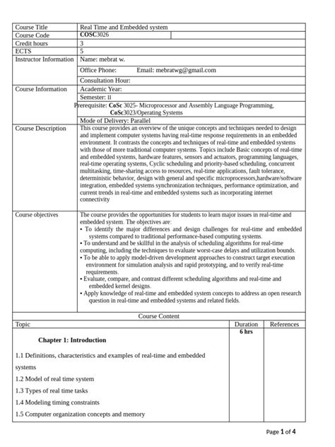 Course Outline Final Pdf Embedded System Real Time Computing