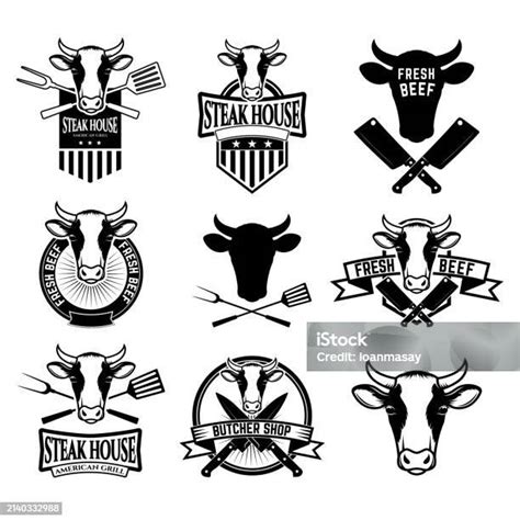 소 머리가 있는 레이블 세트입니다 스테이크 하우스 신선한 쇠고기 정육점 그릴 라벨 엠블럼 사인 배지에 대한 디자인 요소 벡터