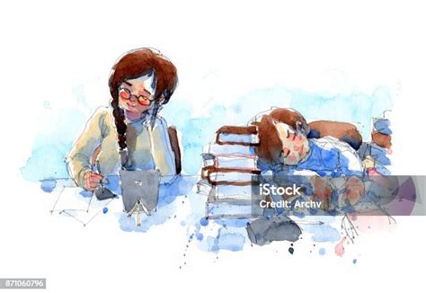 수채화 그림 E리더와 함께 여자와 책 더미 스캔 하는 전통적인 삽화와 함께 그녀의 친구의 그림 세트 사색에 대한 스톡 벡터 아트