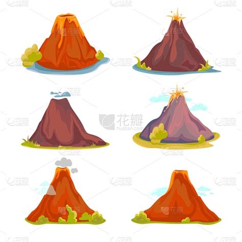 热 图标集 矢量 山 岩石 绘画插图 卡通 火山 熔岩 活力