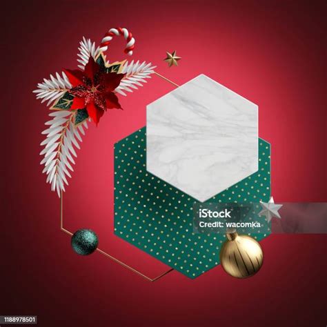3d 렌더링 추상 크리스마스 배경입니다 빈 육각 배너 벌집 모양 복사 공간 대리석 감촉 물방울 무늬 축제 장식 포인세티아 꽃 빨간색에 고립 포스터 템플릿 공란에 대한 스톡