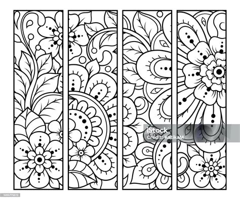 책 인쇄 책 갈피 색칠 꽃 무늬가 있는 흑백 라벨 세트로 핸드 드로우는 멘디 스타일로 그립니다 색깔의 연필을 가진 어린이와 성인의 창의력을위한 장식품의 스케치 강렬하고 밝은