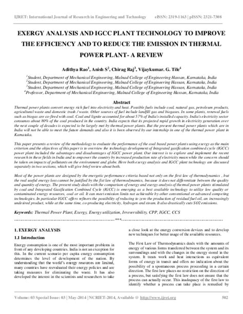 Pdf Exergy Analysis And Igcc Plant Technology To Improve The Efficiency And To Reduce The