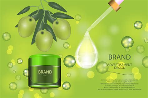 녹색 올리브와 콜라겐 세럼 드롭 Bokeh 배경에 럭셔리 화장품 크림 항아리 V 3차원 형태에 대한 스톡 벡터 아트 및 기타 이미지 3차원 형태 건강관리와 의술