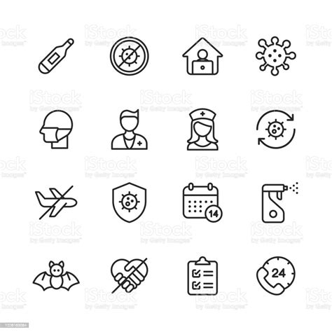 코로나 바이러스 라인 아이콘 편집 가능한 스트로크입니다 픽셀 완벽한 모바일 및 웹용 온도계 바이러스 발생 원격 작업 바이러스 얼굴 마스크 의사 간호사 여행 금지 무리 면역