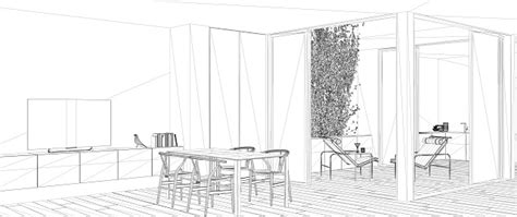 청사진 프로젝트 초안 식탁 인테리어 디자인 컨셉 아이디어 현대적인 아파트와 미니 멀 거실의 스케치 쪽모이 세공 마룻바닥 현대 가구 앞마당 또는 뒷마당에 대한 스톡 사진 및