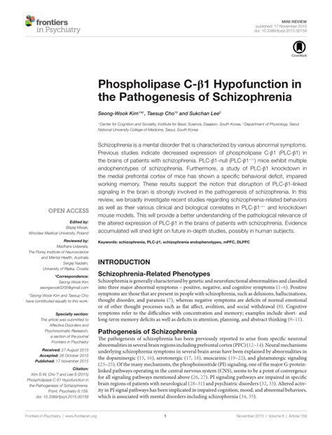 Pdf Phospholipase C β1 Hypofunction In The Pathogenesis Of Schizophrenia