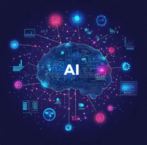 Digital Illustration Of An Ai Brain Surrounded By Technology Icons And