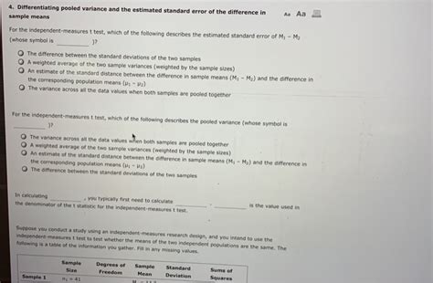 Solved Aa Aa 4 Differentiating Pooled Variance And The