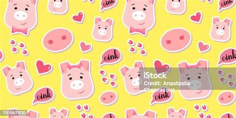 귀여운 새끼 돼지 벡터 원활한 패턴 만화 스타일의 손으로 그린 글과 행복 돼지 머리 직물 어린이 잠옷 벽지 책 표지에 대한 좋은 반복 그림 0명에 대한 스톡 벡터 아트 및