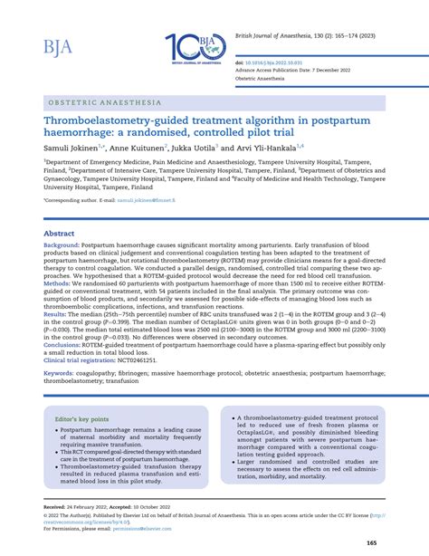 Pdf Thromboelastometry Guided Treatment Algorithm In Postpartum