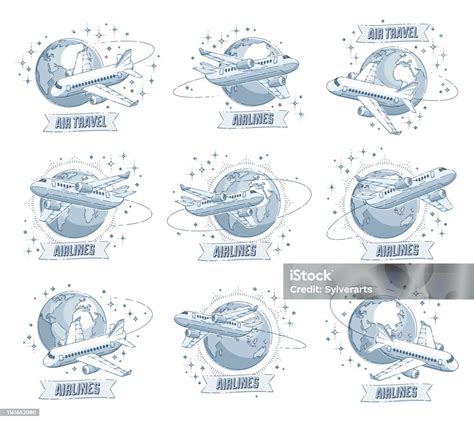 지구 행성과 타이핑 항공사 항공 여행 엠블럼 또는 일러스트 세트와 리본 비행기 여객기 흰색 배경 위에 격리 된 아름다운 얇은 선 벡터입니다 3차원 형태에 대한 스톡 벡터