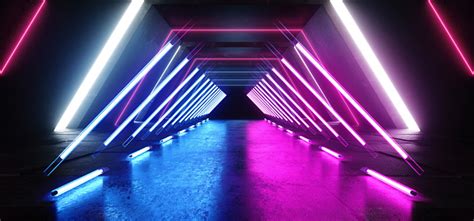 공상 과학 소설 네온 빛나는 보라색 파란색 활기찬 가상 현실 사이버 레이저 쇼 단계 긴 콘크리트 삼각형 터널 복도 지 하 차고