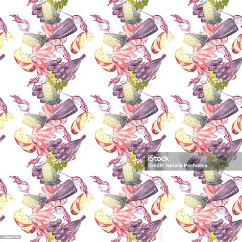 흰색 배경에 치즈 포도 와인이 있는 수채화 패턴 래스터 프로젝트 상품 엽서 상표의 요소로 사용할 수 있습니다 직물에 인쇄하십시오 Cheesemonger에 대한 스톡 벡터