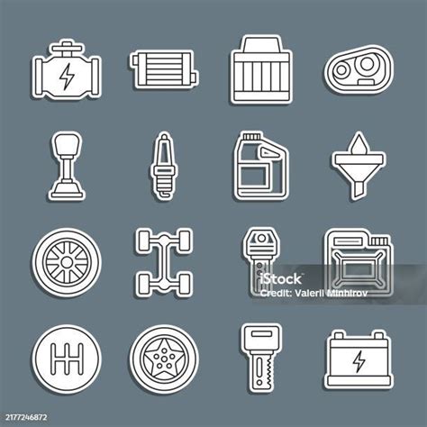 라인 자동차 배터리 엔진 오일용 캐니스터 깔때기 및 드롭 에어 필터 점화 플러그 기어 시프터 엔진 점검 및 아이콘을 설정합니다 벡터 가솔린에 대한 스톡 벡터 아트 및 기타