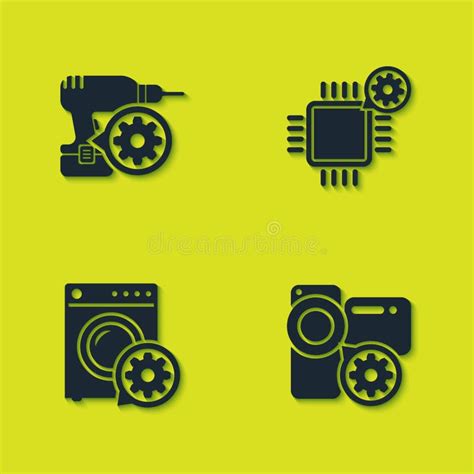 Set Drill Machine Setting Video Camera Washer And Processor Icon Vector Stock Illustration