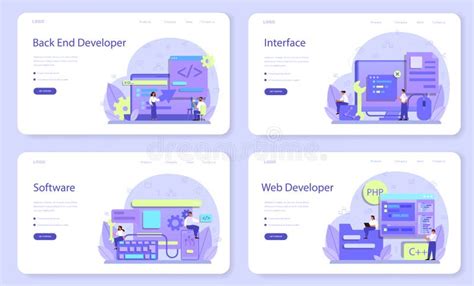 Back End Development Web Banner Or Landing Page Set Software Development Stock Vector