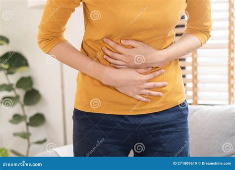 Flatulence Asian Young Woman Girl Hand In Stomach Ache Suffer From