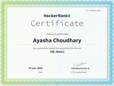 ayasha choudhary on linkedin sql hackerrank coding certificate