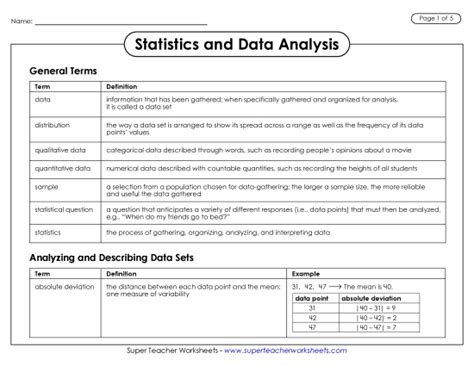 Reference Sheet Statistics And Data Analysis Terms Printable Pdf Worksheet
