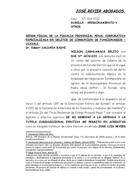 Acreditacion De Abogado Defensor Y Otro Dulio Agustin Remigio Jara