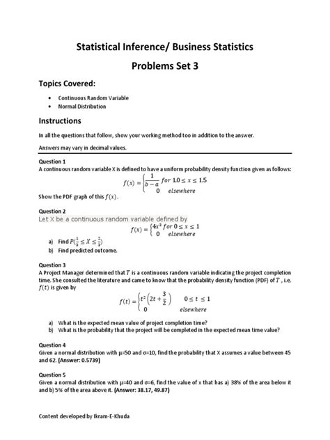 Business Statistics Problems Set 3 Pdf Pdf Probability Distribution