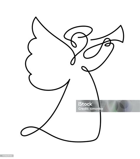 트럼펫이있는 간단한 벡터 크리스마스 천사 연속 선 그리기 옷 및 로고 디자인 인쇄 엠블럼 또는 실루엣 한 줄 고립 된 추상 일러스트 레이 션 천사에 대한 스톡 벡터 아트 및