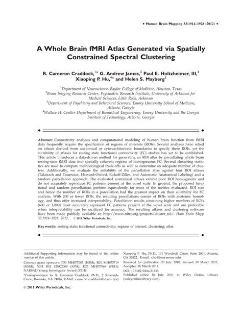 Pdf A Whole Brain Fmri Atlas Generated Via Spatially Constrained Spectral Clustering