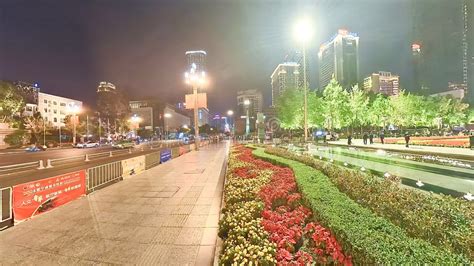 Night Time Tourists And Locals Visiting The Tianfu Square At People