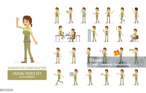 작업자 작업 바지 준비사용 캐릭터 캐주얼 벡터 젊은 성인 여자 세트 플랫 스타일에 포즈 전체 길이 제스처 감정 전면 측면 후면 보기 감정에 대한 스톡 벡터 아트 및 기타