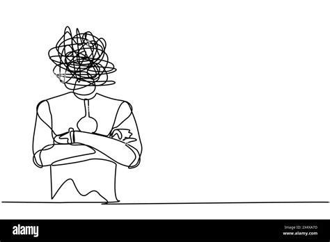 Single One Line Drawing Robot With Round Scribbles Instead Of Head Keeping Arms Crossed Robot