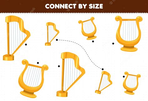 어린이를 위한 교육용 게임은 만화 음악 악기 하프와 거문고 인쇄용 워크시트의 크기로 연결됩니다 프리미엄 벡터