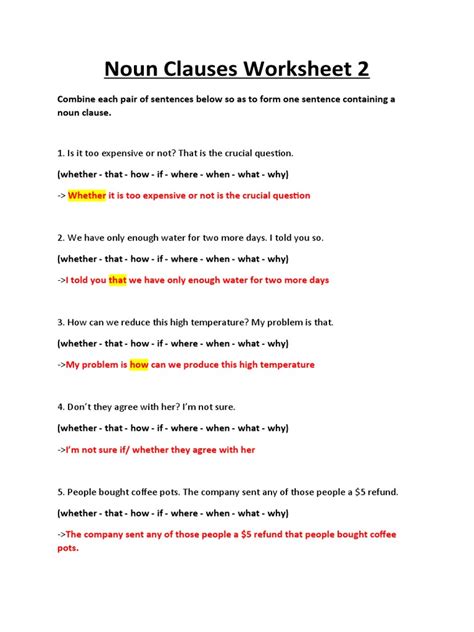 Noun Clauses Worksheet 2 Pdf Sentence Linguistics Grammar