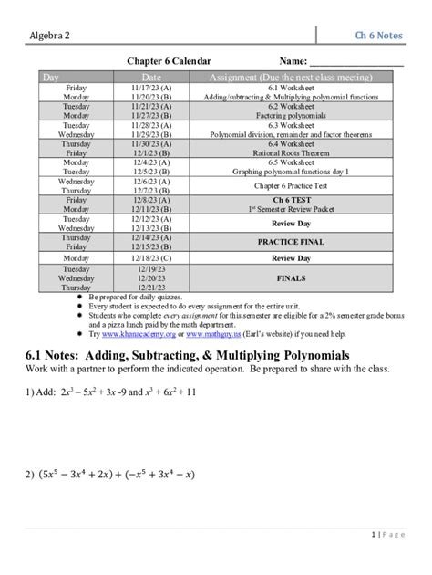 Fillable Online 61 Notes Adding Subtracting And Multiplying Polynomials Fax Email Print
