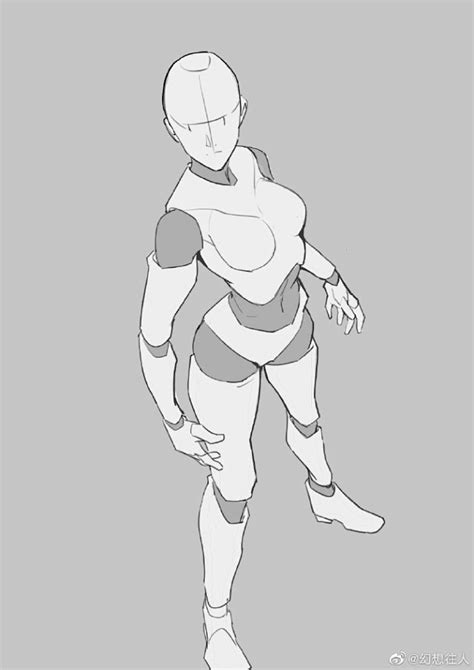 今天给大家带来的是俯视动态，俯视动态的镜头往往在较高的位置，人物大部分的体块都是从上往下的，难点主要集中在能不能处理向下的透视体块 P1图 这张动态动作本身是一个正常站姿，不过角度会稍微难一些