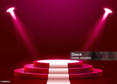 스포트 라이트로 조명 흰색 카펫 추상 라운드 연단 수상 의식 개념입니다 무대 배경 막입니다 3차원 형태에 대한 스톡 벡터 아트 및 기타 이미지 Istock