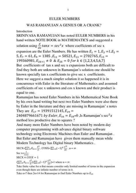 Pdf Euler Numbers Was Ramanujan A Genius Or A Crank