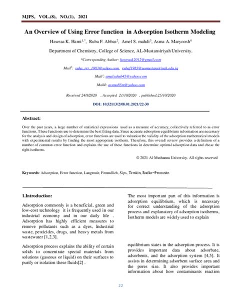 Pdf An Overview Of Using Error Function In Adsorption Isotherm Modeling