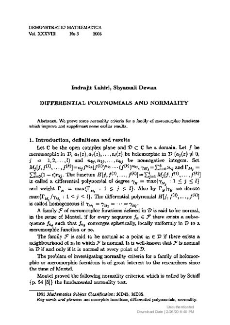 Pdf Differential Polynomials And Normality