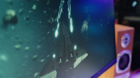 man shoots asteroids in spaceship flying singleplayer game on gaming pc